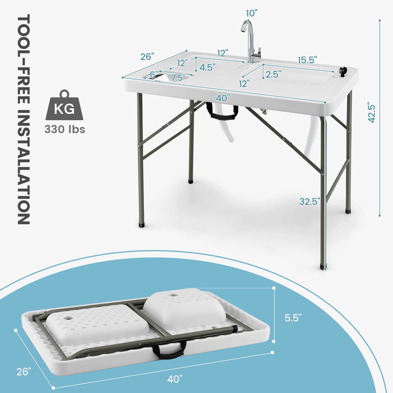 Goplus Folding Fish Cleaning Table with Dual Water Basins, Heavy Duty Fillet Table with Hose Hook Up, Sink and Faucet, Portable Outdoor Camping Sink Station for Dock Beach Patio Picnic, 40''