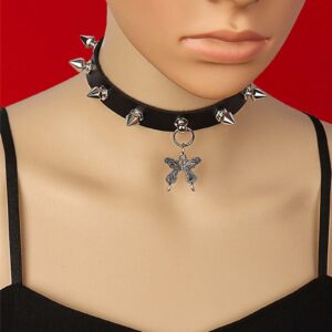 TIDOO Goth Black Choker Collar Necklace Cute Leather Chokers Sexy Butterfly Moth Pendant Chocker Punk Spiked Choker Lolita Maid Cat Collar Set for Women (Butterfly)