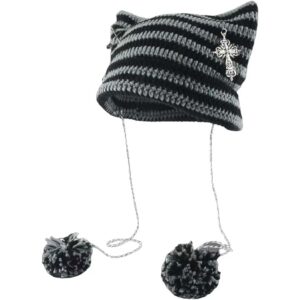 aonuowe grunge beanies crochet knitted hats for women girls fox cat ear goth emo alt y2k accessories grunge clothes (one size,grey)