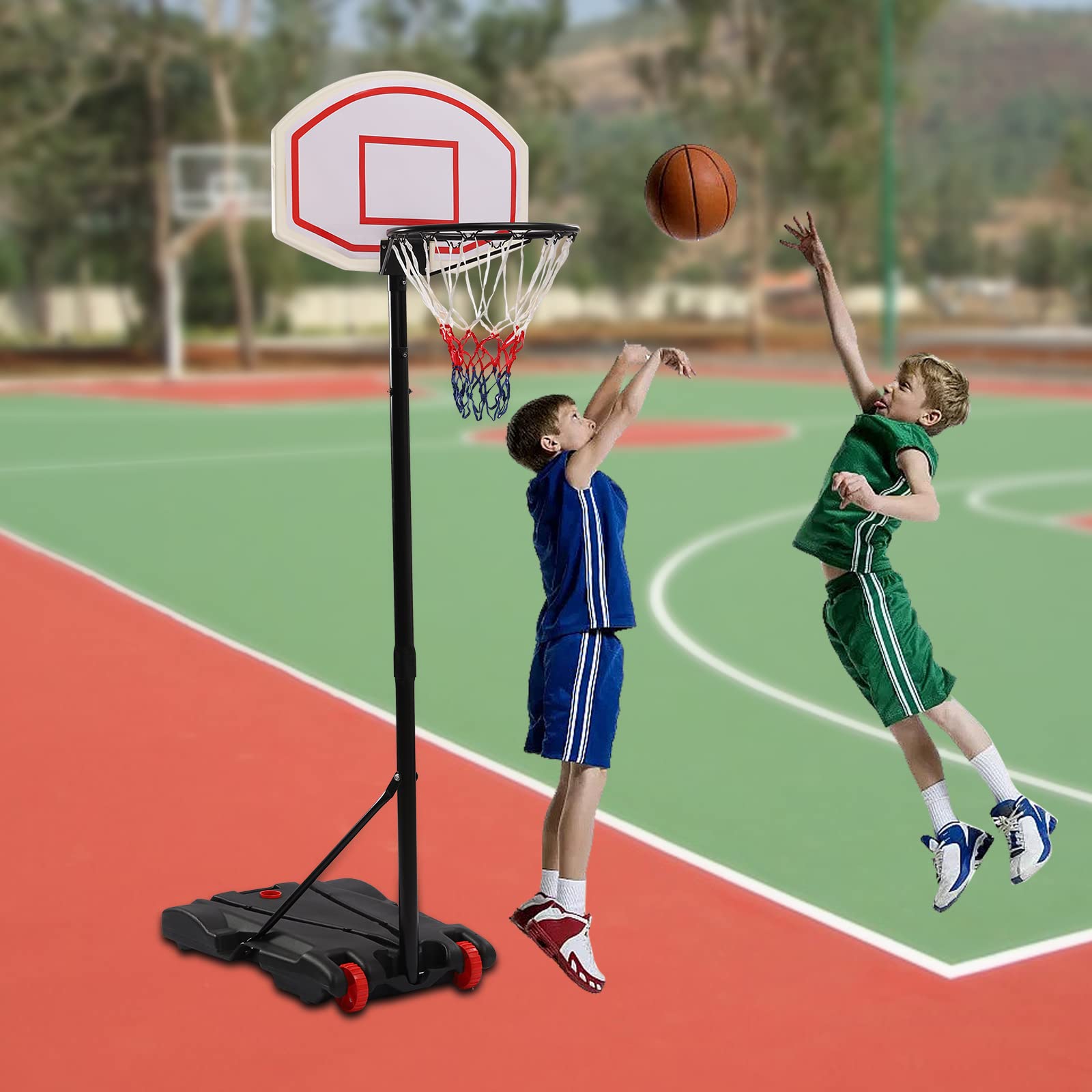 Kids Height-Adjustable Basketball Hoop, Portable Backboard System w/ 2 Wheels, Fillable Base, Weather-Resistant, Nylon Net, Adjusts from 64.9in to 80.7in, for Indoor Outdoor Yard (64.9-80.7 in)