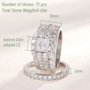 Wuziwen 4Ct Princess Engagement Ring Wedding Rings Set for Women 5A CZ 925 Sterling Silver Size 8