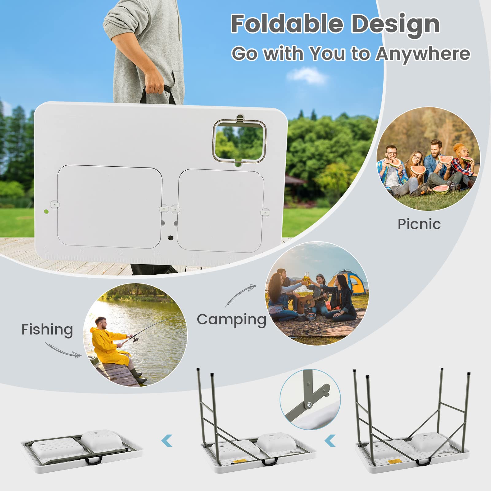 Goplus Folding Fish Cleaning Table with Dual Water Basins, Heavy Duty Fillet Table with Hose Hook Up, Sink and Faucet, Portable Outdoor Camping Sink Station for Dock Beach Patio Picnic, 40''