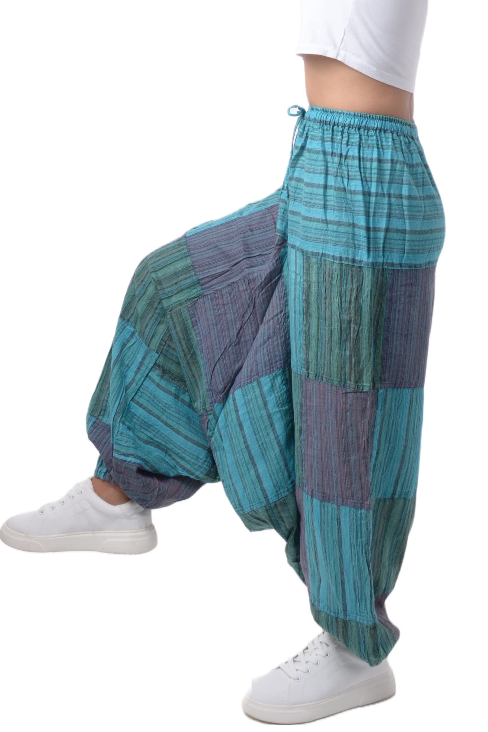 PEACH PEBBLE Harem Pants Unisex, Hippie 100% Cotton Soft Yoga Boho Trousers, Hippie Colorful Patchwork Pants Men Women Casual Fashion Aladdin Dhoti Stoned Washed Drop Crotch pare Cotton - Blue Turtle