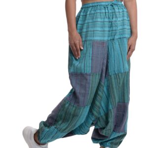 PEACH PEBBLE Harem Pants Unisex, Hippie 100% Cotton Soft Yoga Boho Trousers, Hippie Colorful Patchwork Pants Men Women Casual Fashion Aladdin Dhoti Stoned Washed Drop Crotch pare Cotton - Blue Turtle