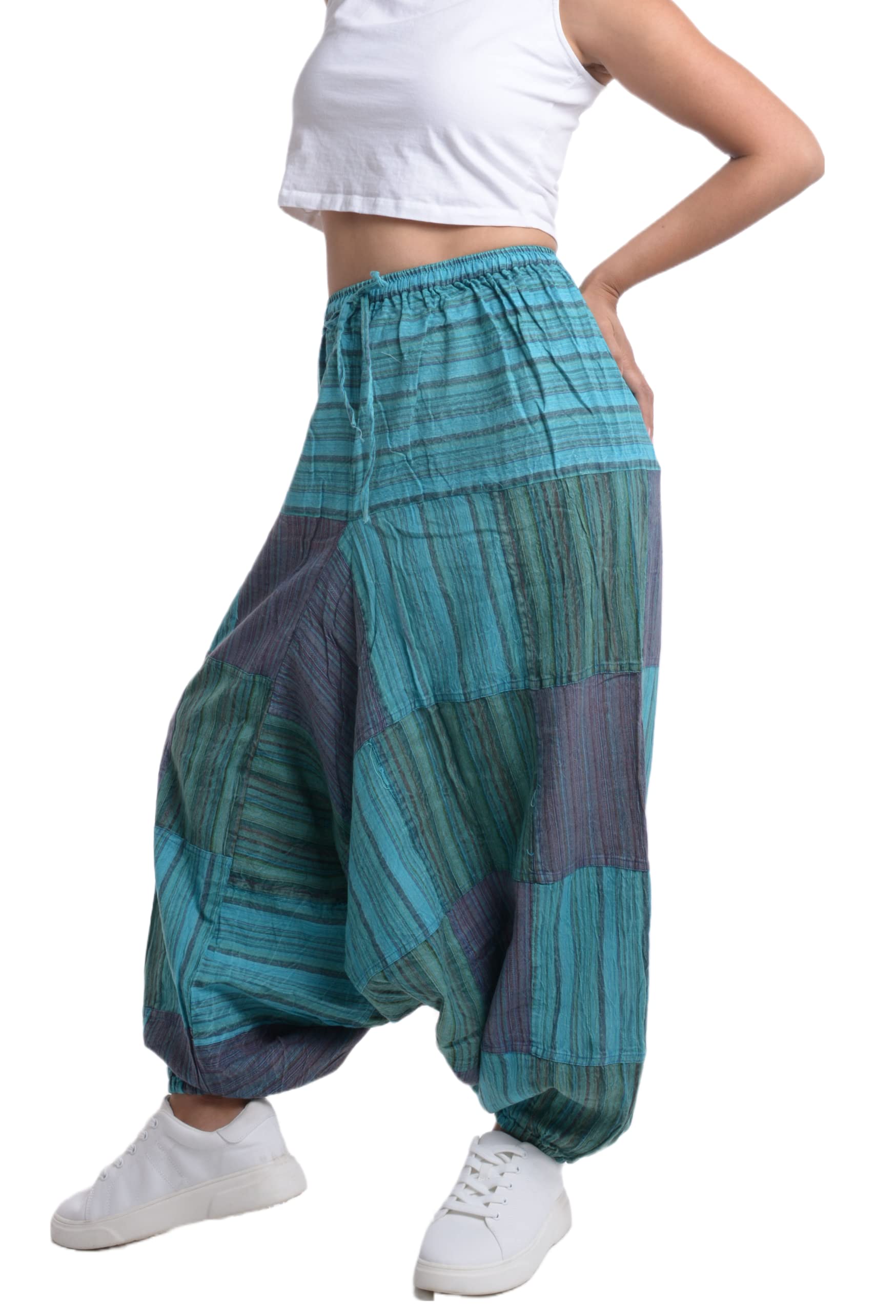 PEACH PEBBLE Harem Pants Unisex, Hippie 100% Cotton Soft Yoga Boho Trousers, Hippie Colorful Patchwork Pants Men Women Casual Fashion Aladdin Dhoti Stoned Washed Drop Crotch pare Cotton - Blue Turtle