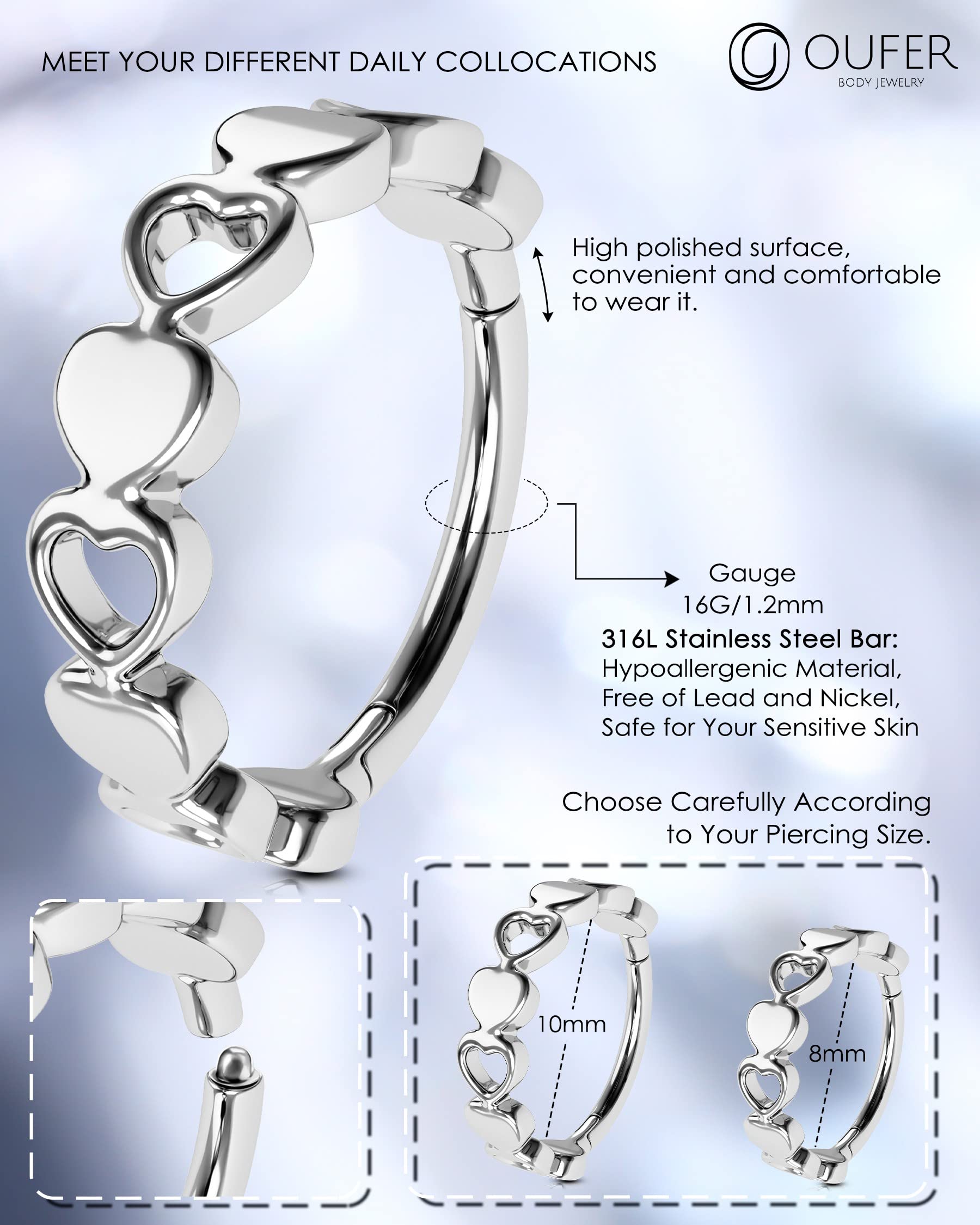 OUFER 16G Helix Earring Hoops, 316L Stainless Steel Helix Piercing Jewelry, Heart-Shaped Design Cartilage Earrings, Conch Daith Lobe Piercing Jewelry For Women And Men-10MM