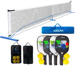 kuiwa portable pickleball net set official size—4 pickleball paddles, carrying bag, 22ft pickleball net system, assembly manual, 4 outdoor pickleball balls