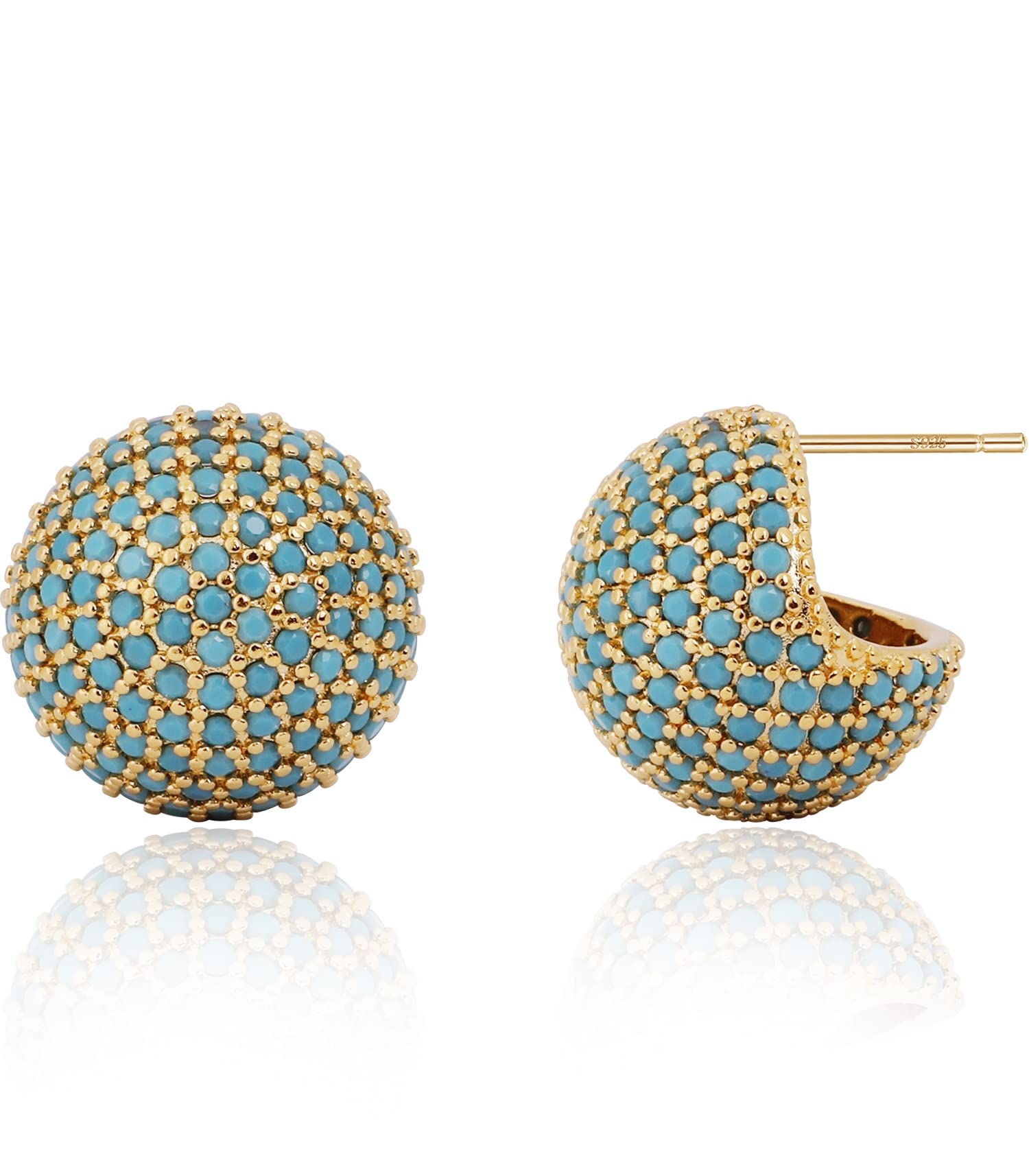 M.DUN - Disco Ball Earrings 925 Stering Silver Post 18K Gold Plated CZ Micro Pave Dainty Round Gold Stud Huggie earrings for Women (YG_turqu_large)