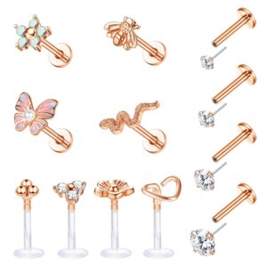 fibo steel 16g surgical steel forward labret helix earrings for women threadless push in lip rings tragus medusa conch monroe piercing jewelry rose gold-tone