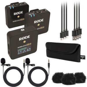 RØDE Wireless Go II Dual Channel Wireless System with Built-in Microphones with Analogue and Digital USB Outputs, with 2X Transmitter, Bundle with 2X Turnstile Audio Lavalier Microphone