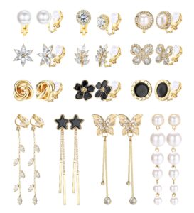 sanfenly 13 pairs gold/silver clip on earrings set for women teen girls fashion cz faux pearl clip on dangle drop earrings non piercing earrings jewelry set, metal, cubic zirconia