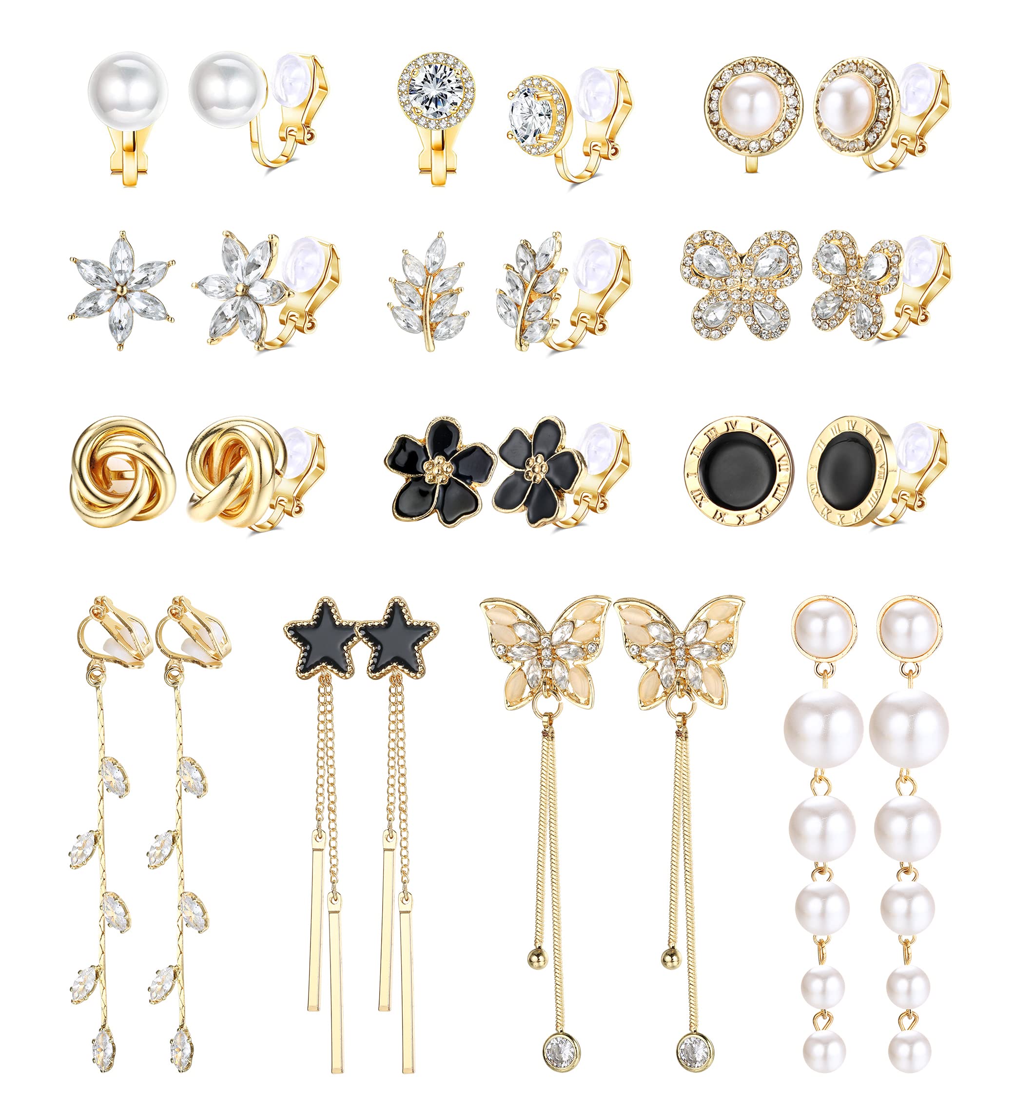 Sanfenly 13 Pairs Gold/Silver Clip on Earrings Set for Women Teen Girls Fashion CZ Faux Pearl Clip on Dangle Drop Earrings Non Piercing Earrings Jewelry Set, Metal, Cubic Zirconia