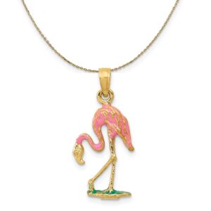 the black bow 14k yellow gold and enamel small 3d pink flamingo necklace - 20 inch