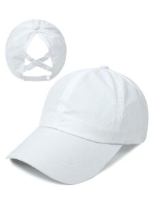 nanwansu womens criss cross ponytail baseball cap adjustable messy bun mesh quick drying hat white