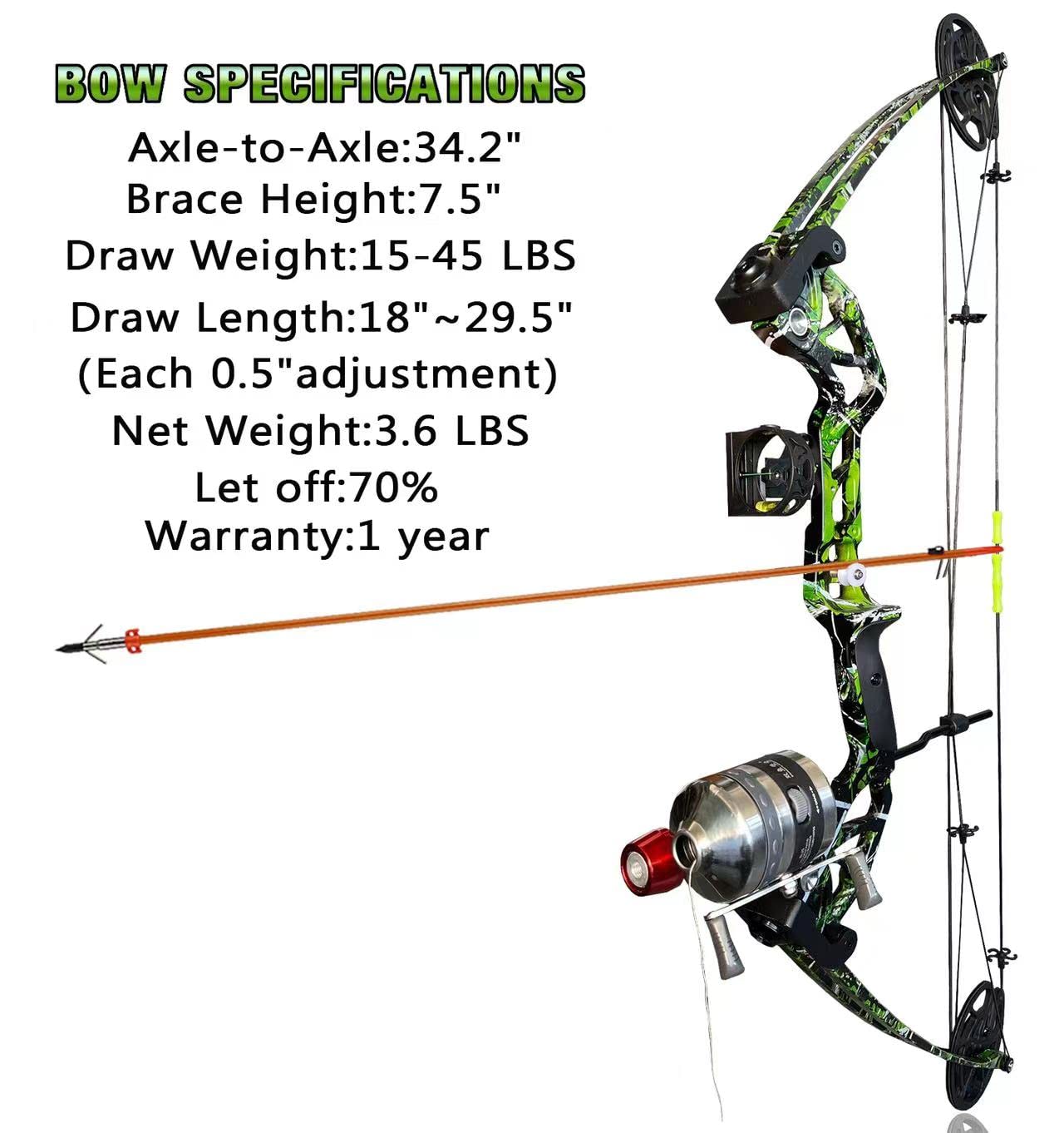 PANDARUS Bowfishing Bow Kit with Arrow Ready to Shoot Right Handed 15-45 LBS Draw Length 18"-29.5" Adjustable,Axle-to-Axle: 34.2",Complete Compound Bow Fishing Kit 2024 New（Black Left Handed）