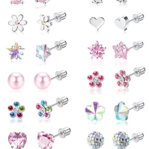 Jstyle 16 Pairs Screw Back Earrings Stud for Women Girls Surgiacl Steel 20G Tiny Cartilage CZ Heart Flower Star Ball Screwback Flat Back Stud Earrings Set Multicolored