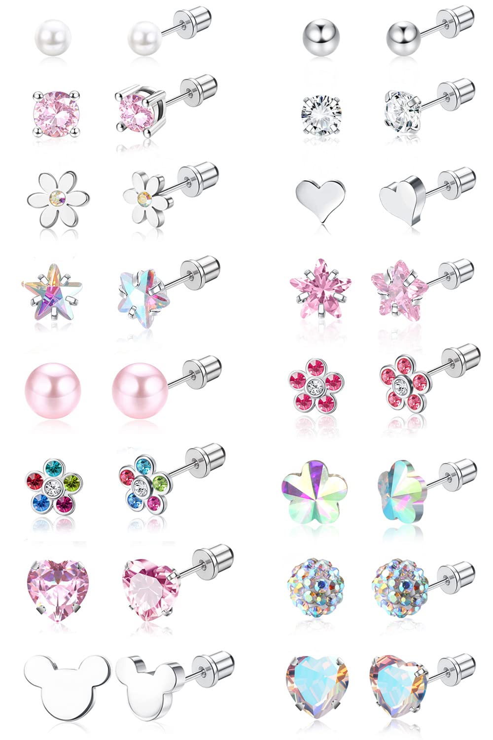 Jstyle 16 Pairs Screw Back Earrings Stud for Women Girls Surgiacl Steel 20G Tiny Cartilage CZ Heart Flower Star Ball Screwback Flat Back Stud Earrings Set Multicolored