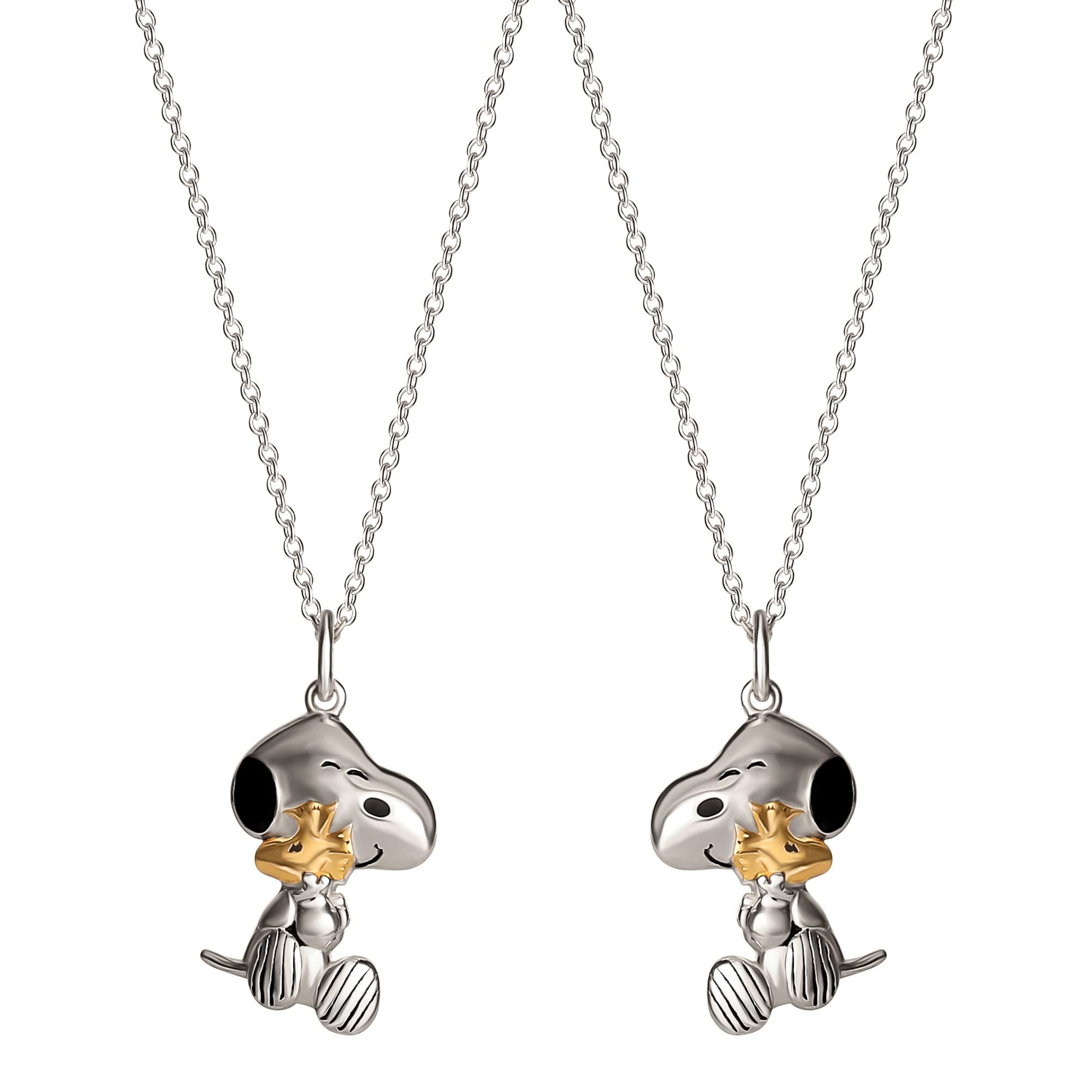 PEANUTS Snoopy Womens Friends Forever Woodstock and Snoopy Pendant Necklaces 2-Piece Set - Sterling Silver Matching Snoopy Necklaces 18" - Officially Licensed