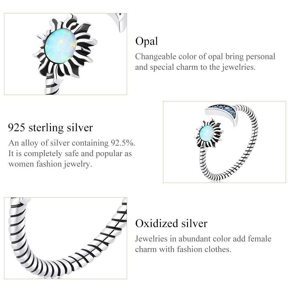 MUNDELL 925 Sterling Silver Big Opal Star and Moon Open Ring for Women Vintage Twisted Adjustable Stackable Ring Dazzling Statement Ring Fine Jewelry