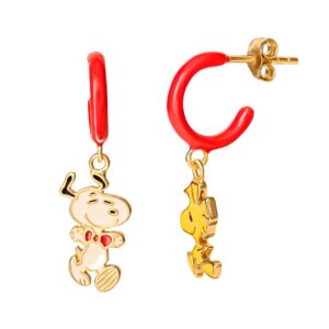 Peanuts Womens Flash Plated Sterling Silver and Enamel Woodstock and Snoopy Earrings - Small Hoop Dangle Earrings with Woodstock and Snoopy Charm - Officially Licensed