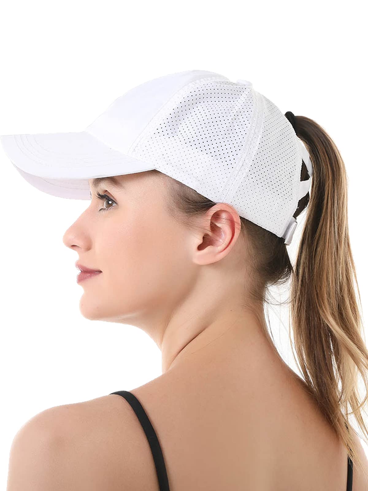 Nanwansu Womens Criss Cross Ponytail Baseball Cap Adjustable Messy Bun Mesh Quick Drying Hat White