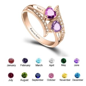 ORFANDE Personalized Promise Rings for Her with Simulated Birthstones Custom Couples Name Ring for Women Free Engraved Birthstone Ring for Birthday Anniversary Christmas (2 Stone-A)