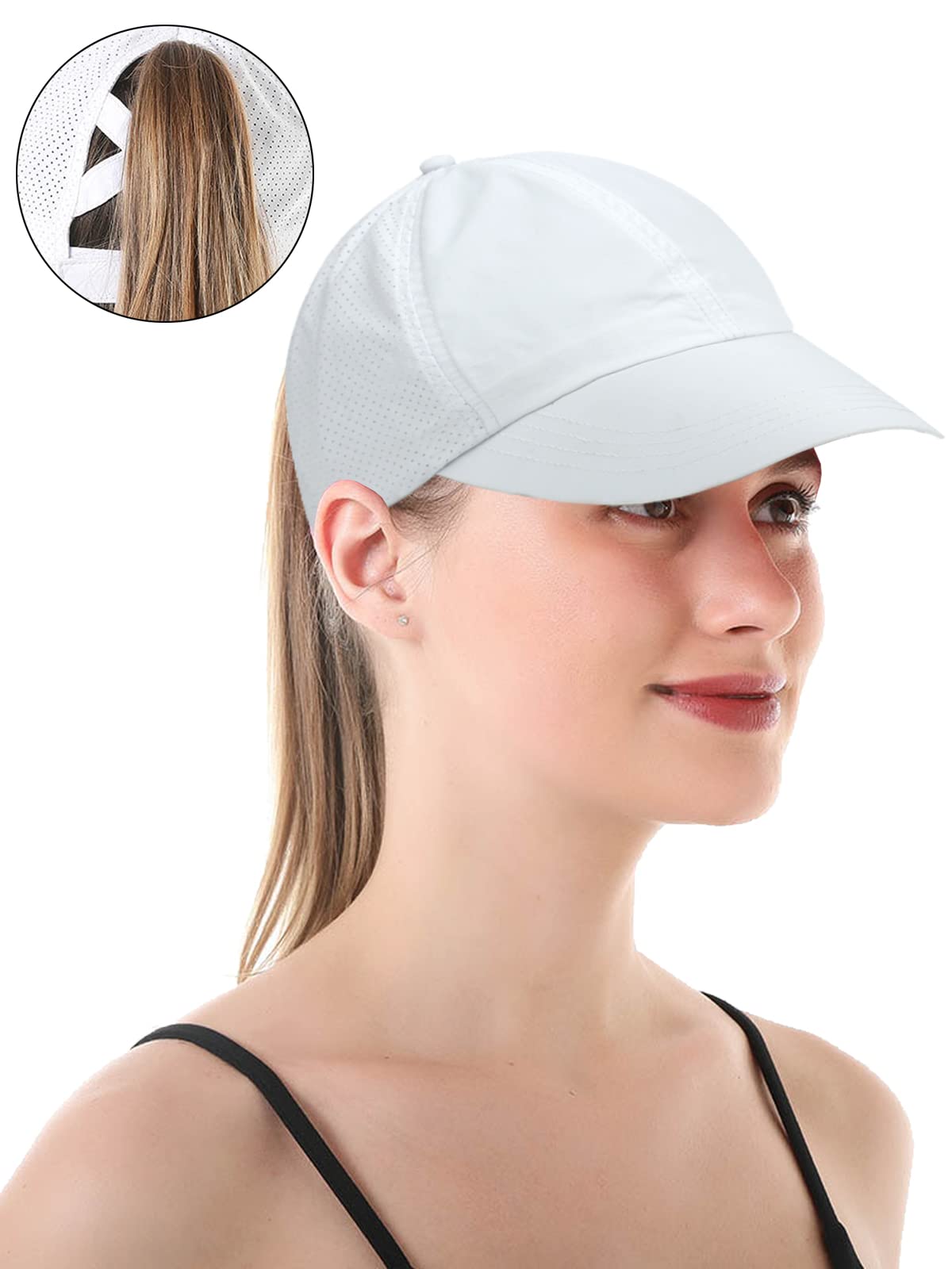 Nanwansu Womens Criss Cross Ponytail Baseball Cap Adjustable Messy Bun Mesh Quick Drying Hat White