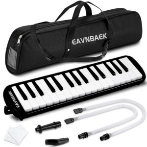 eavnbaek 32 keys melodica instrument, soprano melodica air piano keyboard pianica with 2 soft long tubes, 2 short mouthpieces and carrying bag (black)