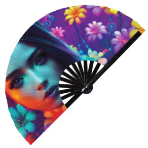 raver girl neon hand fan foldable bamboo circuit rave hand fans rainbow galaxy party gear gifts music festival rave accessories (style 9)