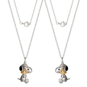 PEANUTS Snoopy Womens Friends Forever Woodstock and Snoopy Pendant Necklaces 2-Piece Set - Sterling Silver Matching Snoopy Necklaces 18" - Officially Licensed