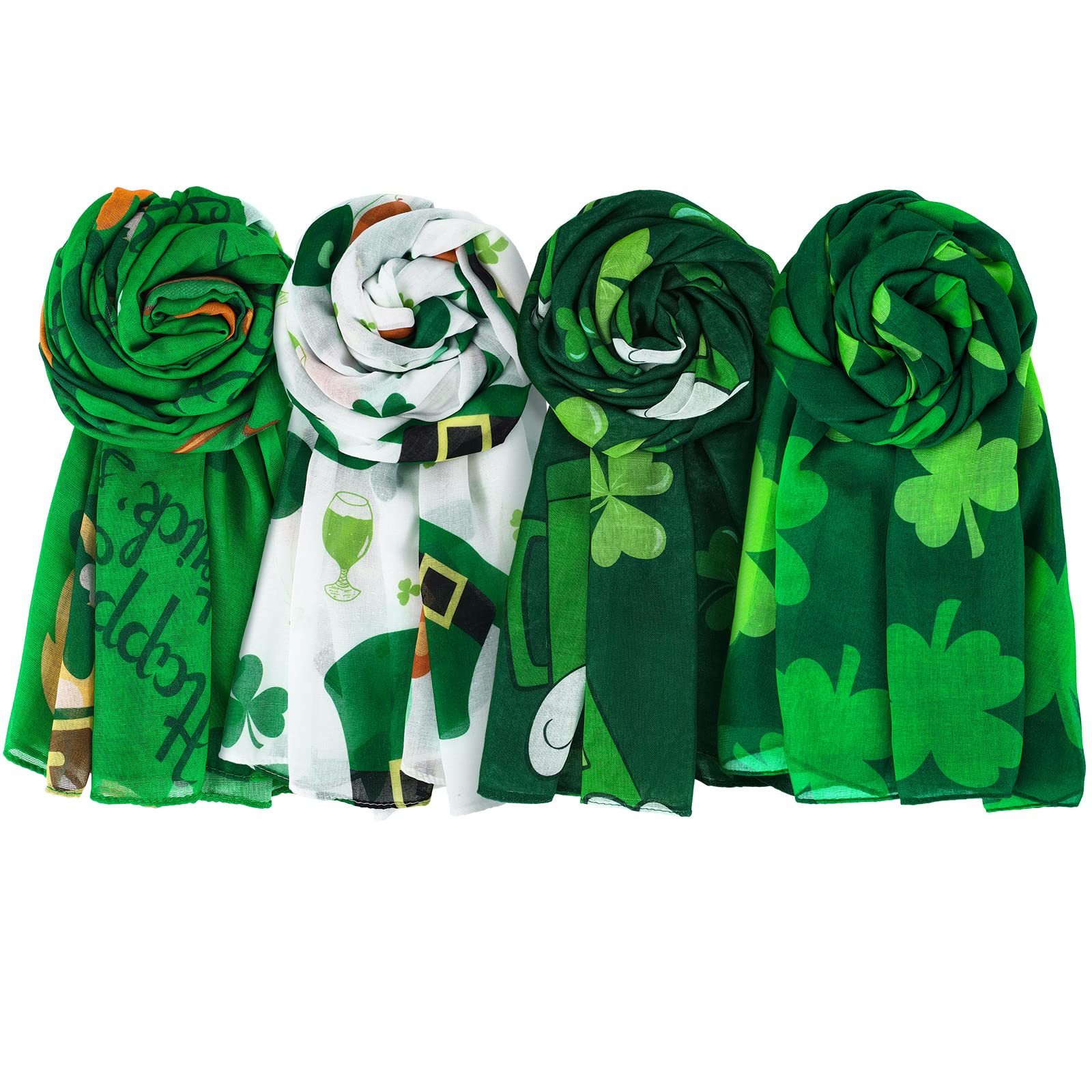 Funtery 4 Pcs St. Patrick's Day Scarf for Women Green Shamrock Print Scarf Long Shamrock Shawl Irish Theme Scarf for Holiday Outfits Accessories