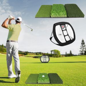 foldable golf hitting mat + training net, portable tri-turf mat & golf chipping net set for swing optimal practice - heavy duty folding tri-turf golf mat indoor/outdoor pad