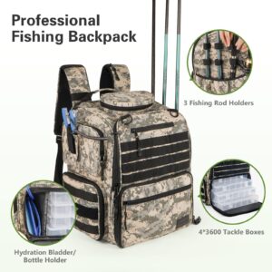 Terrete Fishing Tackle Backpack, 38L Fishing Backpack with 3 Rod Holders & 4 Tackle Boxes, Waterproof Fishing Tackle Bag with Integrated Rain Cover for Fishing, Hiking, Camping, Outdoor Sports