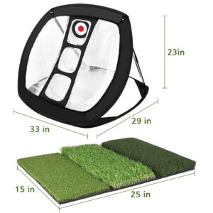 Foldable Golf Hitting Mat + Training Net, Portable Tri-Turf Mat & Golf Chipping Net Set for Swing Optimal Practice - Heavy Duty Folding Tri-Turf Golf Mat Indoor/Outdoor Pad