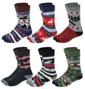 6 pairs packs thermal lodge socks for men and women, heated winter non-skid boot socks, insulated for cold (as1, numeric, numeric_10, numeric_13, regular, regular, assorted winter themed, 10-13)