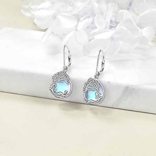 Moonstone Earrings for Women 925 Sterling Silver Tree of Life Drop Dangle Earrings Leverback Teardrop Jewelry Gifts (B-Moonstone Tree of Life)