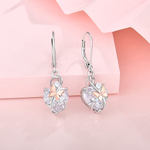 Eulano Infinity Love Heart Dangle Drop Earrings for Women 925 Sterling Silver, Butterfly Leverback Earrings April Crystals Birthstone Jewelry Gifts for women Girls