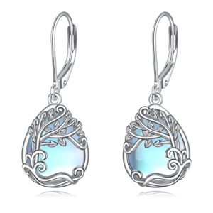 moonstone earrings for women 925 sterling silver tree of life drop dangle earrings leverback teardrop jewelry gifts (b-moonstone tree of life)