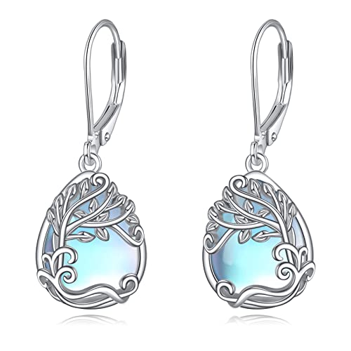 Moonstone Earrings for Women 925 Sterling Silver Tree of Life Drop Dangle Earrings Leverback Teardrop Jewelry Gifts (B-Moonstone Tree of Life)