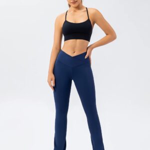 Ukaste Women's Casual Bootleg Yoga Pants Flare V Crossover Waisted Workout Leggings (Dark Blue, M)