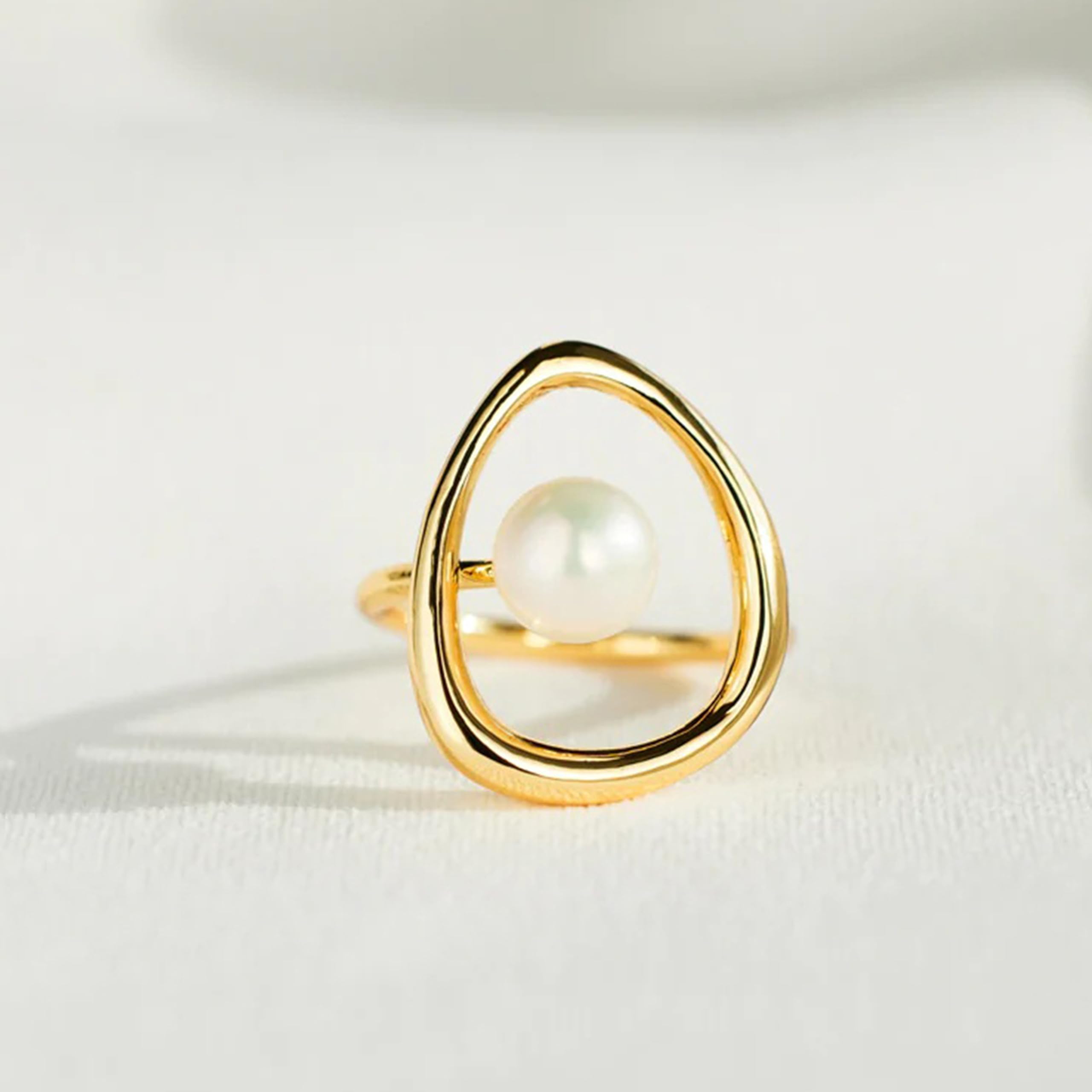 FUNYCHEN Pearl Ring for Women Sterling Silver Pearl Ring Gold Valentine's Day Gifts Graduation and Mother's Day gift for Her Irregular Ring Freshwater Cultured Pearl Ring Dainty Statement Ring Jewelry US Size 5-10 (Gold, 8)