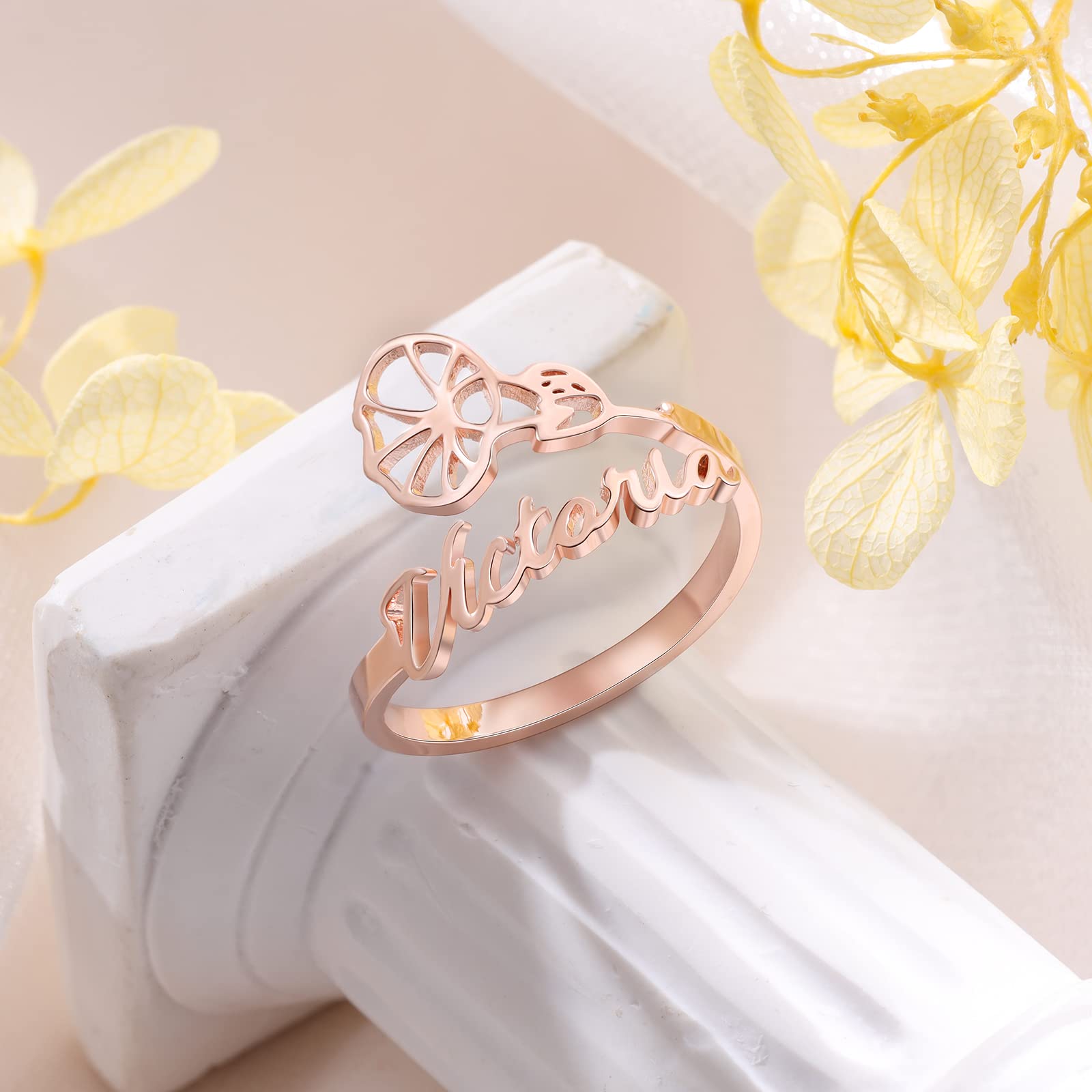 Personalized Name Ring for Women, Custom Adjustable Birth Flower Ring with Names Promise Birth Flower Ring for Her Gift for Women BFF (Rose Gold)