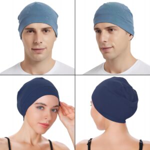 Headshion Cotton Skull Caps for Men Women,2-Pack Lightweight Beanie Sleep Hats Breathable Helmet Liner Navy Blue,Denim Blue