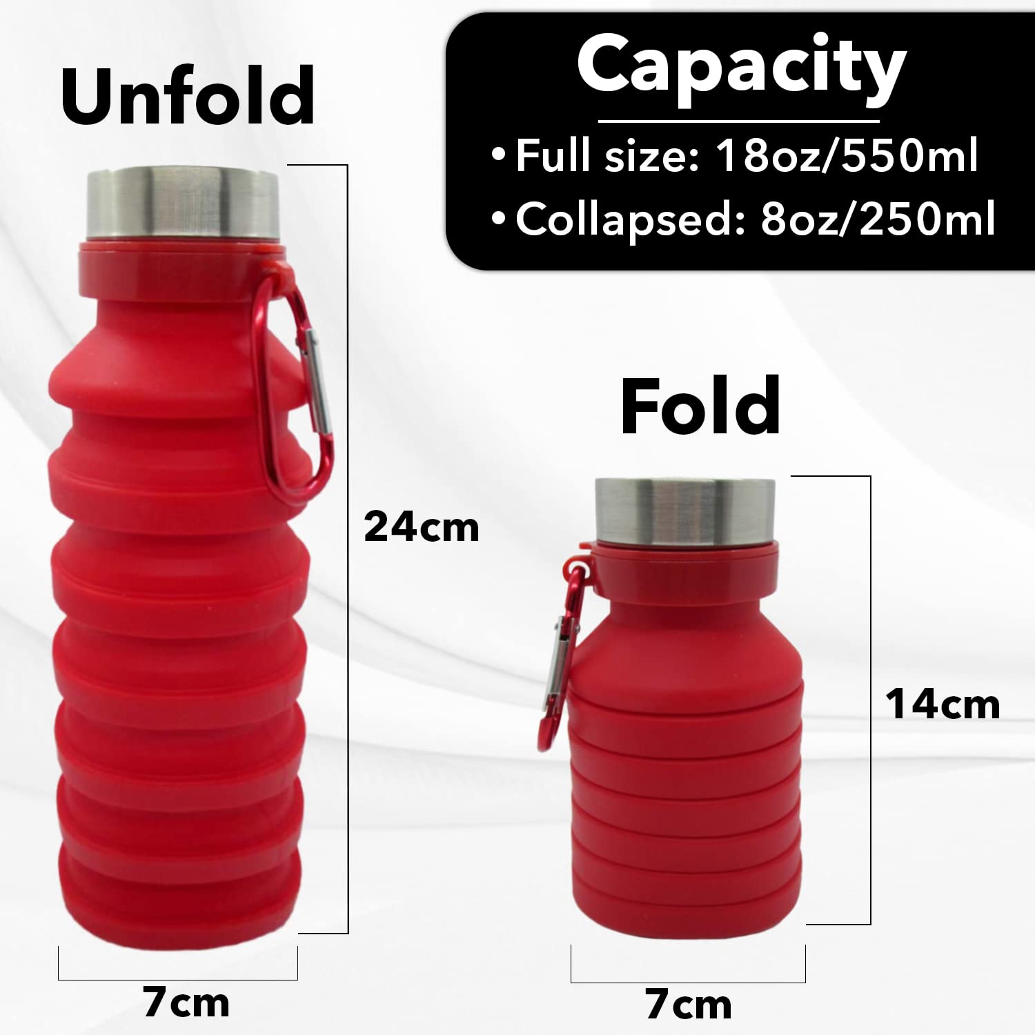 Gadgetime USA Collapsible Water Bottle (Red) Reusable, BPA Free, Silicone, Foldable Portable & Leak Proof - Water Bottles for Travel Gym Camping Hiking - Sports Water Bottle with Carabiner