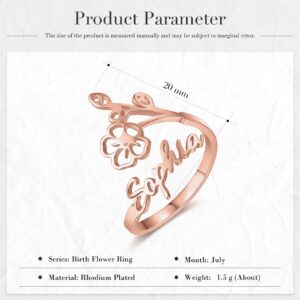 Personalized Name Ring for Women, Custom Adjustable Birth Flower Ring with Names Promise Birth Flower Ring for Her Gift for Women BFF (Rose Gold)