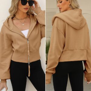 Arssm Cropped Hoodie Women Long Sleeve Sweatshirts Casual Fashion Hooded Zip up Workout Jacket with Thumb Holes(Khaki-L)