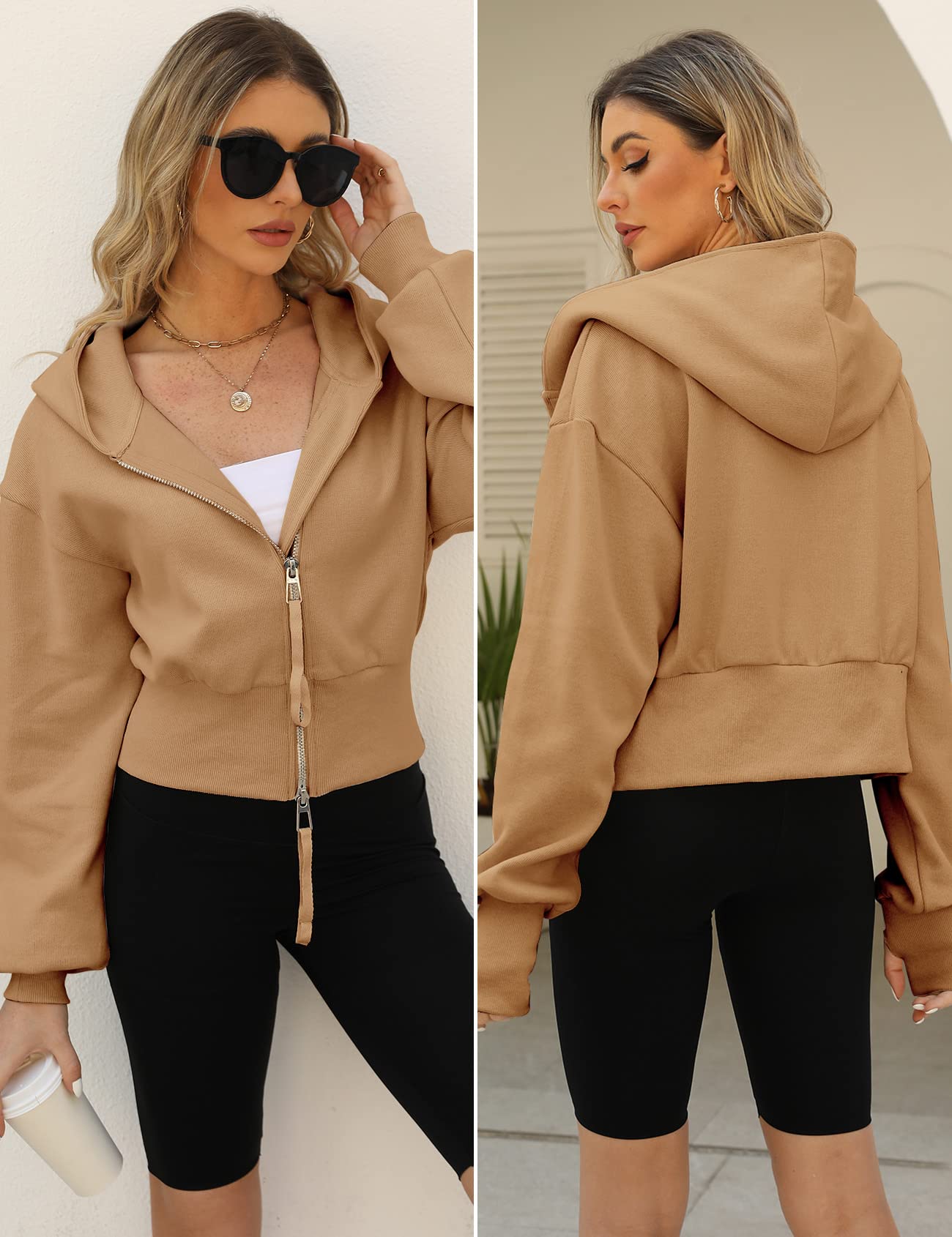 Arssm Cropped Hoodie Women Long Sleeve Sweatshirts Casual Fashion Hooded Zip up Workout Jacket with Thumb Holes(Khaki-L)