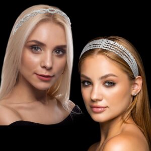 taiyin 2 pcs women rhinestones headband adjustable crystal head chain elastic headband rhinestone bridal headpieces glitter headband for women wedding