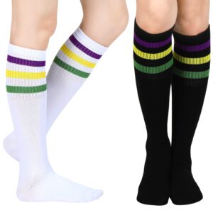 satinior 2 pairs christmas women socks over knee long opaque striped thigh high socks (top striped black white)