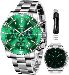 olevs mens watches green chronograph luxury dress moon phase quartz stainless steel waterproof luminous business calendar wrist watch